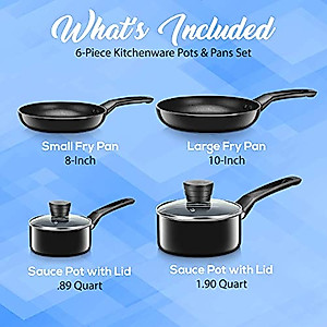 SereneLife Kitchenware Pots & Pans Basic Kitchen Cookware, Black Non-Stick Coating Inside, Heat Resistant Lacquer (6-Piece Set), One Size