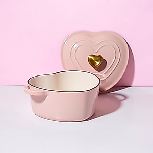 Paris Hilton Enameled Cast Iron Dutch Oven Heart-Shaped Pot with Lid, Dual Handles, Works on All Stovetops, Oven Safe to 500°F, 2-Quart, Pink