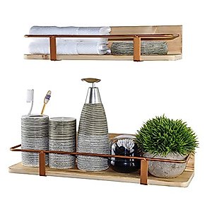 Spiretro Floating RV Shelves, Wall Mount Rustic Wood Wall Shelves with Metal Rail Storage Organize, Display, Décor for Bathroom Living Room Bedroom Kitchen Room Closet, Set of 2 (Large & Small)_ Beige