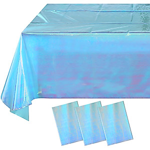 3Pcs Iridescent Plastic Tablecloths Shiny Disposable Laser Rainbow Rectangle Table Covers Holographic Foil Metallic Table Cloth for Iridescent Party Decorations Birthday Bridal Wedding 40"x108"(Blue)
