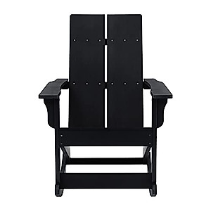 Flash Furniture Finn Modern Commercial Grade Poly Resin Wood Adirondack Rocking Chair - All Weather Black Polystyrene - Dual Slat Back - Stainless Steel Hardware