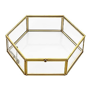 Hipiwe Gold Glass Box Jewelry Box Hexagonal Large Jewelry Display Organizer Vintage Wedding Card Box Keepsake Gift Box Home Decorative Box Trinket Box Case for Ring Bracelet Earrings Necklace Storage