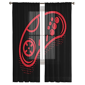 Video Game Window Semi Sheer Curtains for Bedroom Living Room, Red Gamepad Games Controller Gamer Black Rod Pocket Chiffon Voile Sheer Drapes Curtain 72 Inch Length 2 Panels Set