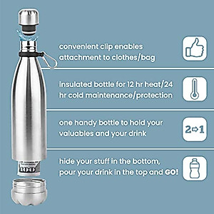 Diversion Safe Water Bottle - Stainless Steel Bottle Safe Box with Hidden Compartment for Cards, Keys, Cash, and Valuables - Insulated Bottle for Hot and Cold Drinks - 18 Ounces