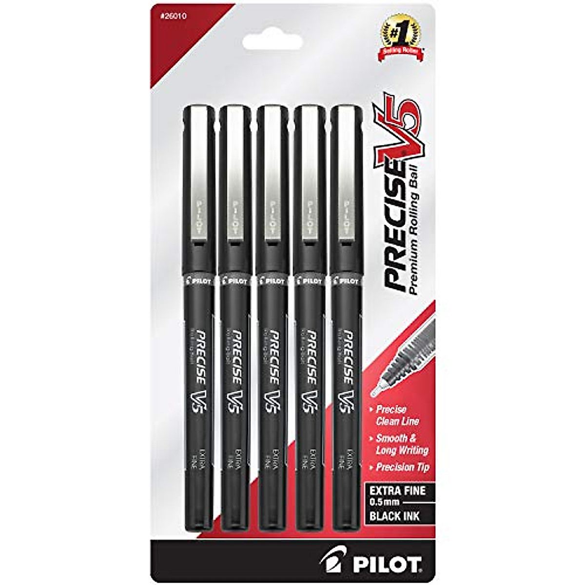 PILOT Precise V5 Stick Liquid Ink Rolling Ball Stick Pens, Extra Fine Point (0.5mm) Black Ink, 5-Pack (26010)