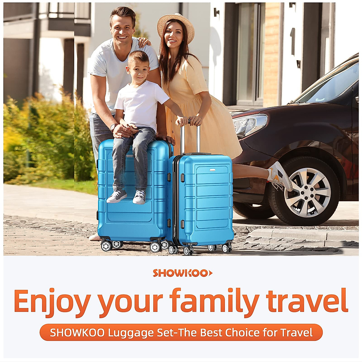 SHOWKOO Luggage Sets Expandable PC+ABS Durable Suitcase Sets Double Wheels TSA Lock 4 Piece Luggage Set Sky Blue