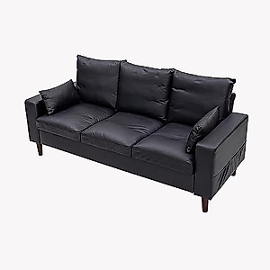 Panana Couch 3 Seater Loveseat Sofa with Storage Pockets for Living Room, Upholstered Faux Leather Sofa with 2 Pillows, Cushion Back Sofa for Bedroom, Home Office, Apartment