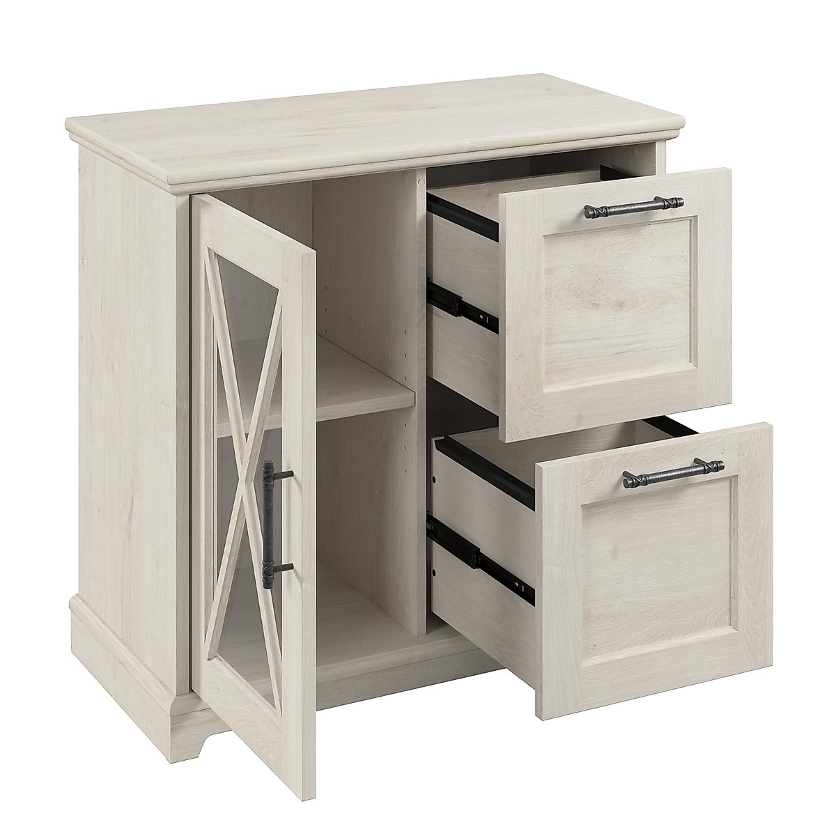 Bush Furniture Lennox Farmhouse 2 Drawer Lateral File Cabinet with Shelves in Linen White Oak | Versatile Storage for Home Office and Living Room
