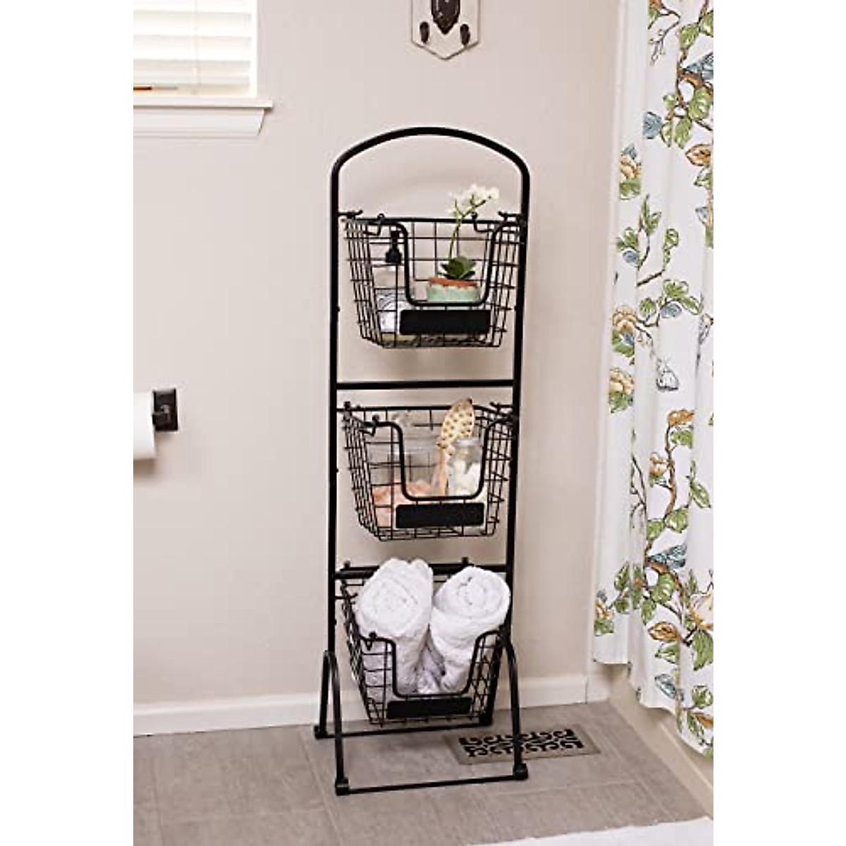 BIRDROCK HOME 3-Tier Wire Market Basket Stand with Chalk Label - Snack Fruit Vegetable Produce Metal Hanging Storage Bin for Kitchen Pantry - Free-Standing or Stacking Organizer - Black