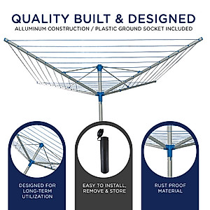 Strata 164 FT Umbrella Clothesline Outdoor - Clothes Line Outdoors Aluminum Frame with Ground Socket - Clotheslines for Outside Laundry Drying, Washing Line for Hanging Clothes, Sheets etc.