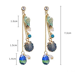 DAMLENG Sparkly Bohemia Long Tassel Blue Ocean Shell Dangle Earrings Shine Rhinestone Scallop Beach Earrings for Women Charm Statement Colorful Crystal Jewelry (Blue)