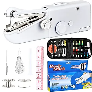 Handle Mini Sewing Machine Portable Hand Held Sewing Device Electric Mobile Knitting Machine with Sewing Kit Quick Stitch Tool Craft Supplies for Beginners Adults DIY Craft Clothes Fabric Stitching