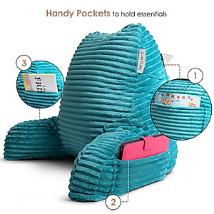 Clara Clark Reading Pillow for Kids – Back Pillow for Sitting in Bed, Plush Bed Pillows for Sitting Up in Bed, Teal Kids Reading Pillow, Shredded Foam Bed Chair Pillow with Arms and Pockets