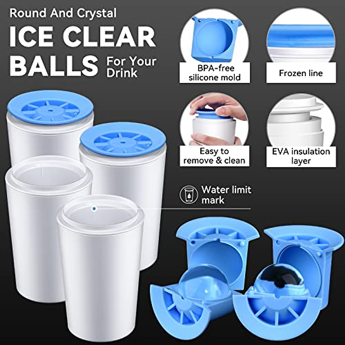 [4 Pack] Longzon Crystal Clear Ice Ball Maker Mold, Ice Cube Tray, Whiskey Ice Mold Large 2.4 Inch, Silicone Round Ice Cube Tray for Freezer, Sphere Ice Mold Maker for Whiskey, Cocktails and Drinks