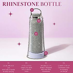 Paris Hilton Diamond Bling Water Bottle With Lid And Removable Carrying Strap, Stainless Steel Vacuum Insulated, Bedazzled With Over 5000 Rhinestones, 25-Ounce, Silver