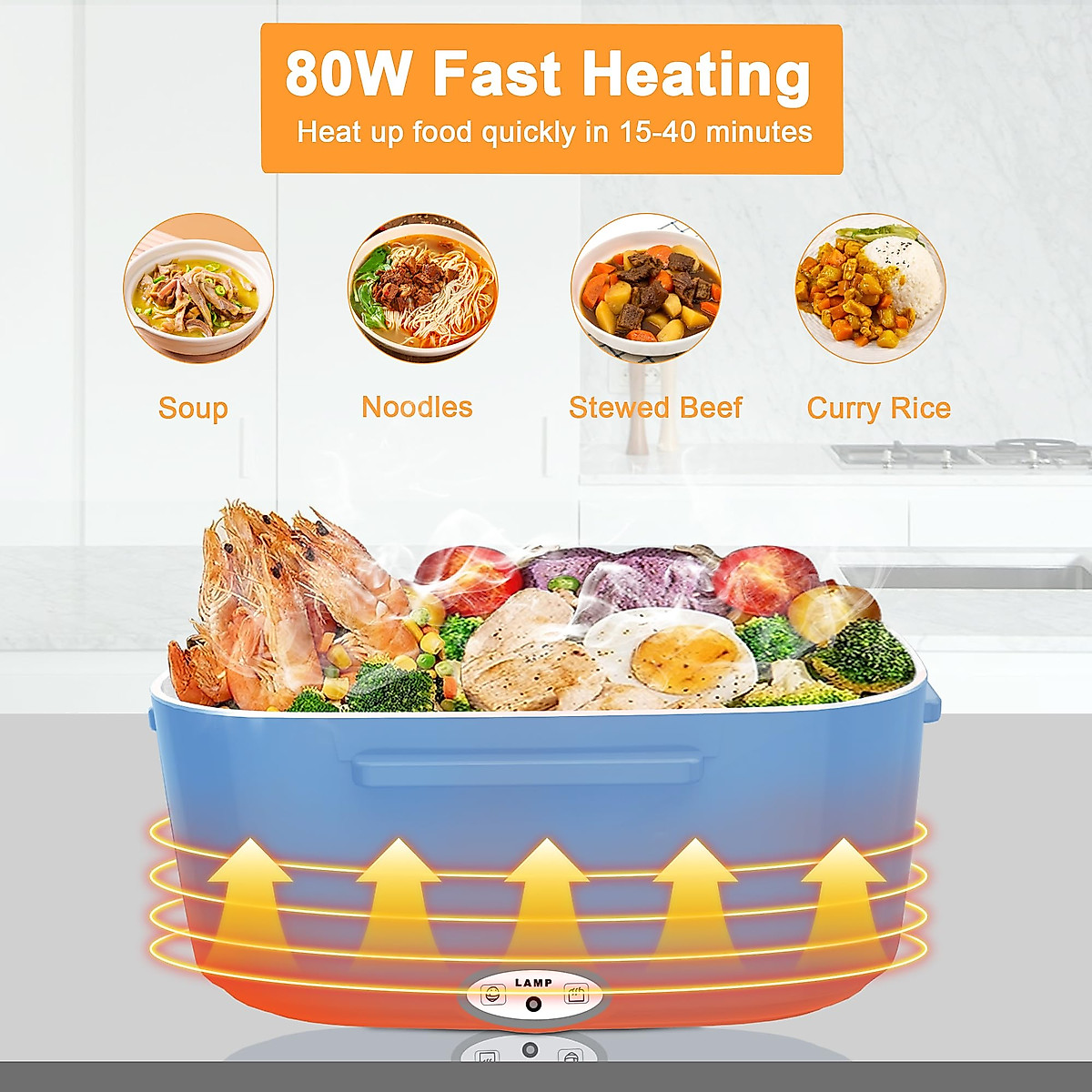 HOLDRUBY 75W Electric Lunch Box food heated 3 In 1 Portable Food Warmer Heater for Car/Truck/Home Heating Lunch Box with 1.5L 304 SS Container, Fork Spoon & Bag (Light Blue+Yellow)