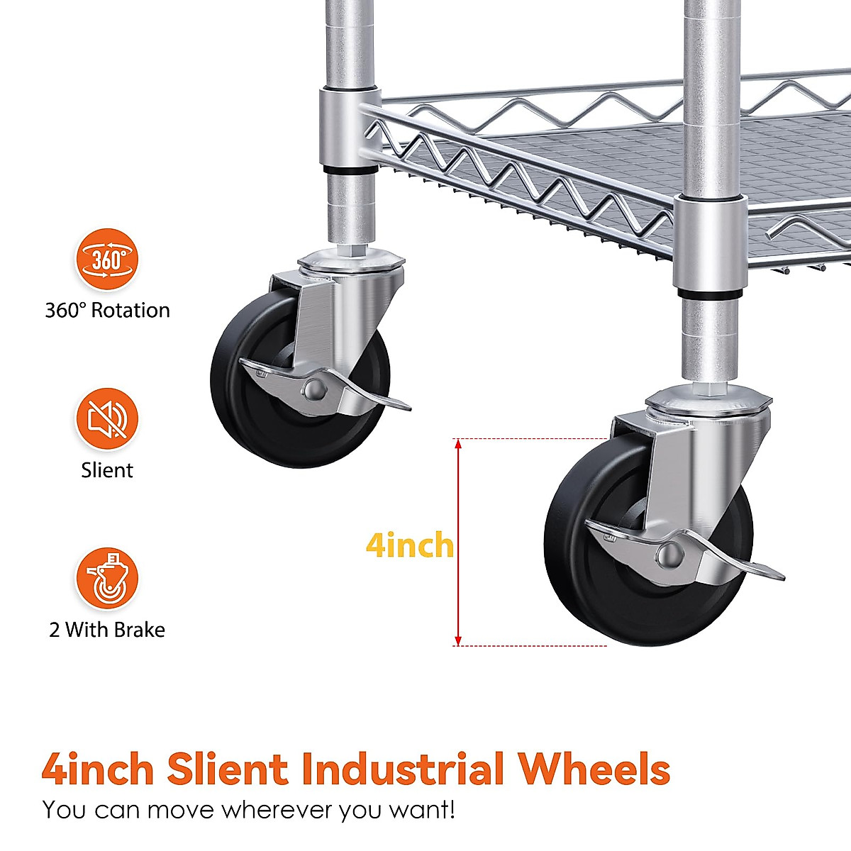 WDT Heavy Duty 3 Tier Rolling Utility Cart, Kitchen Metal Utility Carts with Handle Bar, Utility Shelf Plant Display Shelf Food Cart Storage Trolley with Wheels, Silver