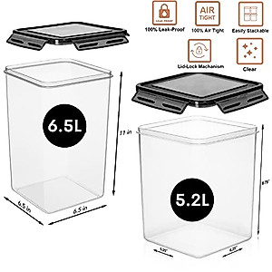XXL 6.5L / 250 Oz x 2 & XL 5.2L / 175 Oz x 2 - WIDE & DEEP Food Storage Airtight Containers [Set of 4] + 4 Measuring Cups - Ideal for Sugar, Flour Leakproof BPA Free Clear Plastic - (Gray)