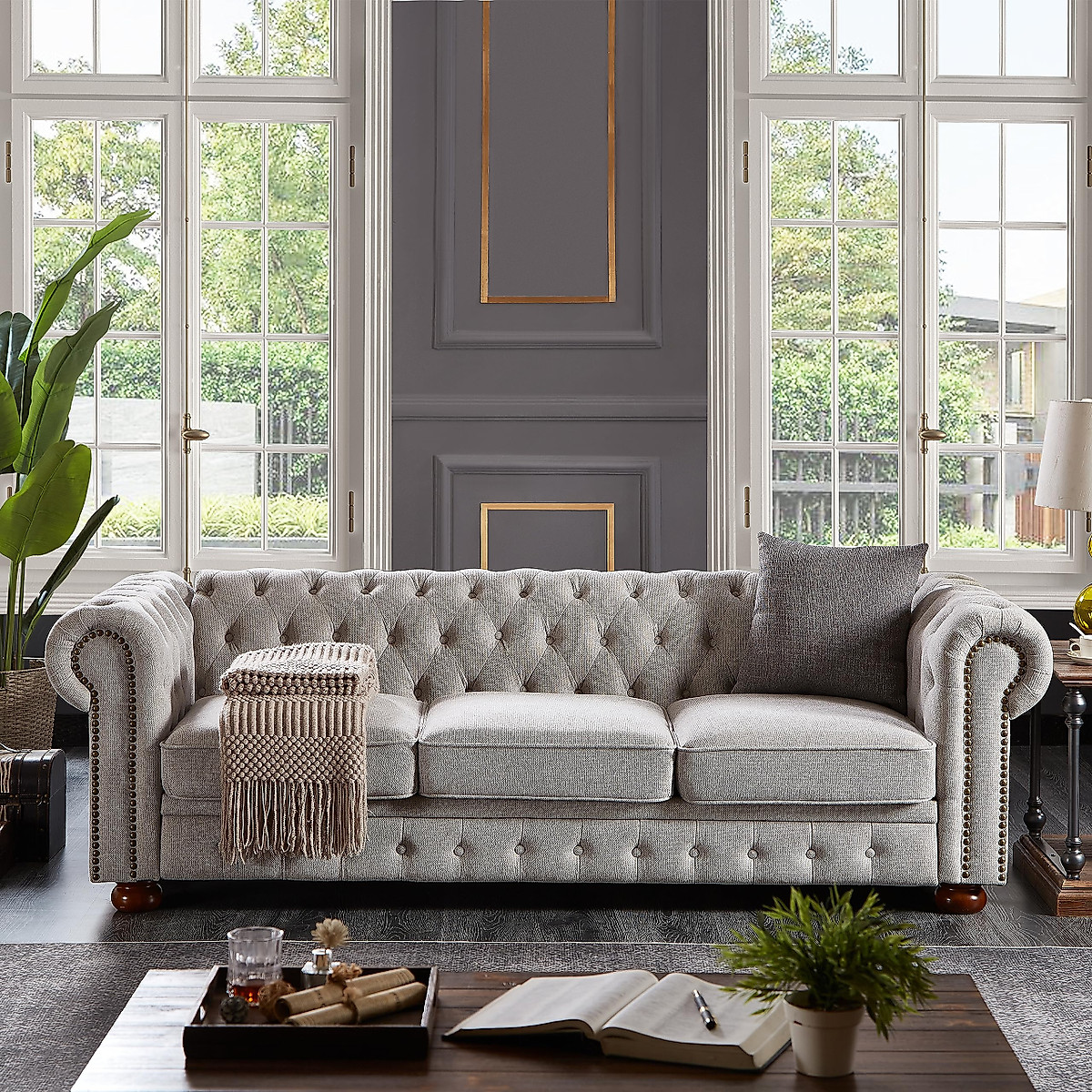 FIQHOME, 3-Seat Chesterfield Sofa with Button Tufted, Nailhead Trim and Solid Wood Legs, Classical Linen Fabric Couch for Living Room, Office, Light Grey