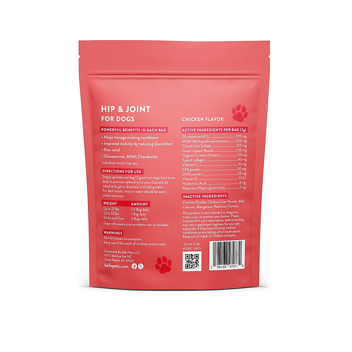 Ballo Pets Hip & Joint for Dogs - Joint Supplement for Dogs - Pain and Inflammation Relief with Glucosamine, Chondroitin, MSM, Turmeric, Vitamin C - 30 Powder Sticks to go, Red