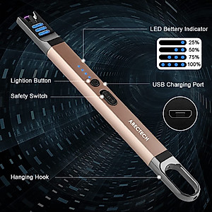 ARECTECH Electric Candle Lighter Rechargeable USB Long Gill Lighter for Candle Cooking Camping BBQs Fireworks Champagne Gold