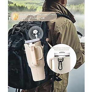 Water Bottle Carrier Bag with Phone Pocket for Stanley 40oz Tumbler with Handle Neoprene Water Bottle Holder Pouch with Adjustable Strap for Stanley Cup Accessories Bollus with Straw Cover & Carabiner
