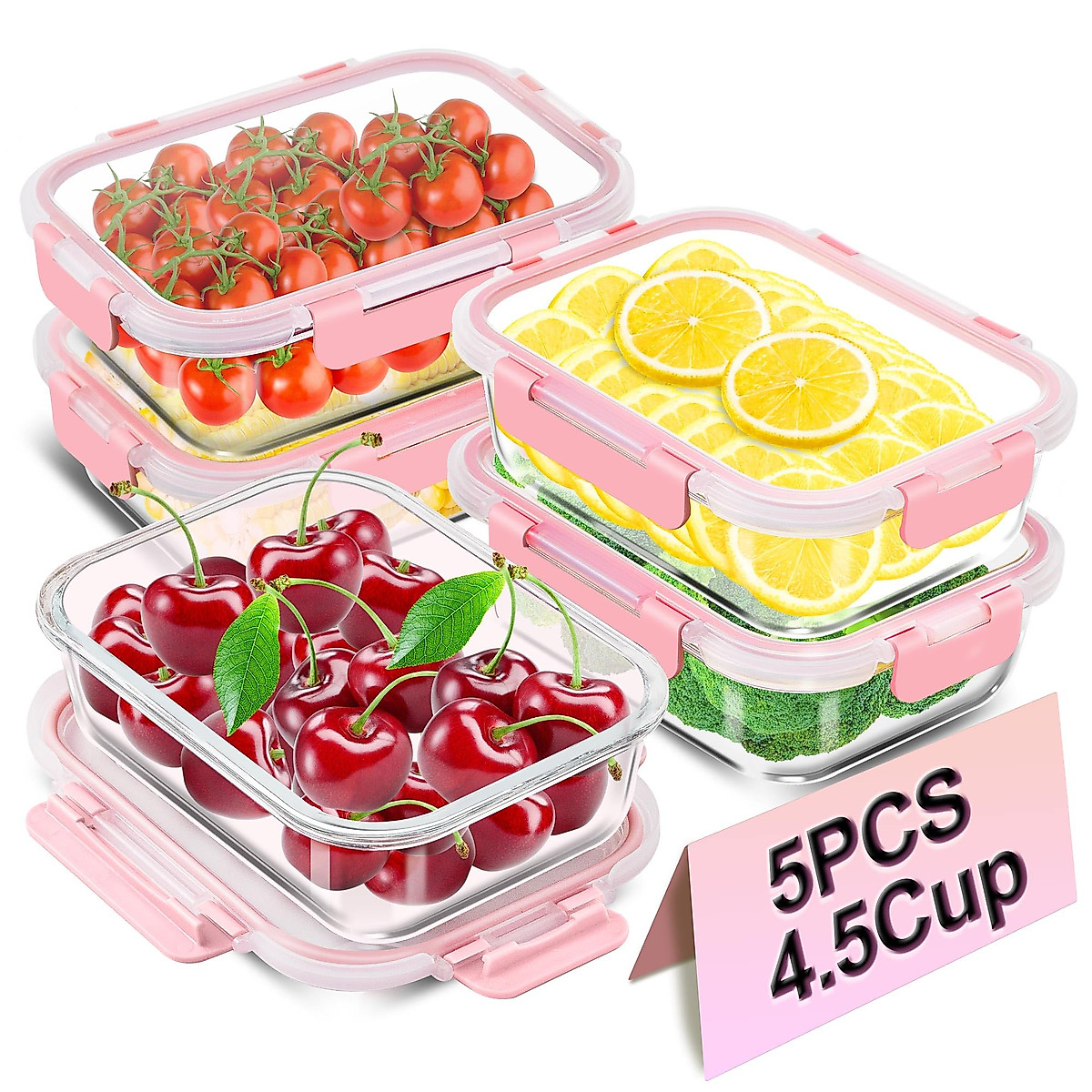 Homhut Glass Food Storage Containers with Lids 36oz Glass Meal Prep Containers Reusable Glass Bento Boxes for Adults Airtight for Microwave, Oven, Freezer and Dishwasher(4.5cup𝘅5pcs)