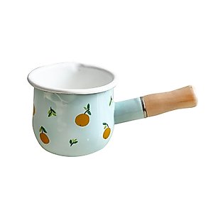 FYUEROPA Enamel Milk Pot, Butter Warmer Non-stick Mini Saucepan, 4 Inch 17 Oz Small Cookware with Wooden Handle, Orange Pattern