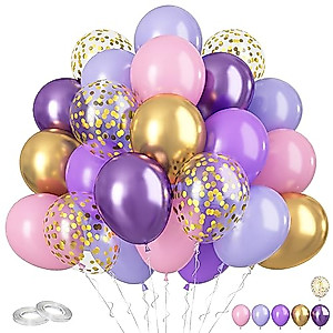 Pink and Purple Balloons, 60Pcs Pastel Purple Pink Balloons, 12 Inch Metallic Purple Gold Confetti Balloons Purple Latex Balloons for Girls Birthday Baby Shower Bridal Butterfly Party Decorations
