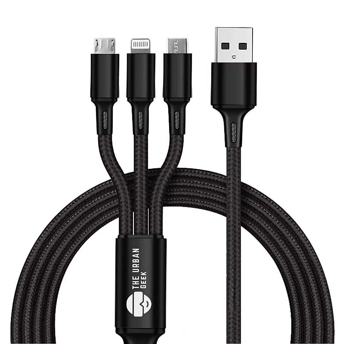 TheUrbanGeek 3-in-1 Nylon Braided Fast USB Charging/Data Cable, 3.28 ft, Compatible with Apple iPhone 14/Pro/13 Through iPhone 6, Android, Tablet, 3 Ports and 5 Colors (Black)