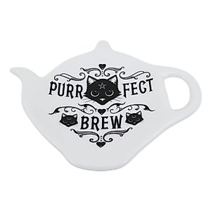 Ebros Wicca Occult Pentagram Crescent Moon Eyes Purrfect Brew Feline Black Cats Ceramic Porcelain Tea Spoon Or Bag Holder Rest Plate In Petite Teapot Shape Home Kitchen Decor Alchemy Magic Accent (1)