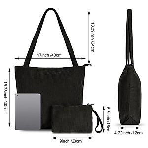 COSHONWOL Women Corduroy Tote Bag Zipper Large Shoulder Hobo Bags Casual Tote's Handbag Shopping Work Bag (Black)