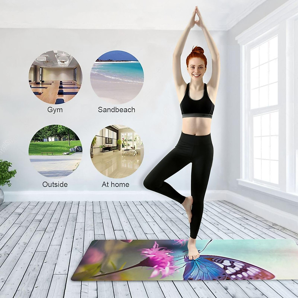 GOODOLD Butterfly and Pink Flower Yoga Mat, 71 x 26 Inch Non-slip Yoga Mats Folding Travel Exercise Mat Indoor Outdoor Gym Pilates with Storage Bag for Women Men