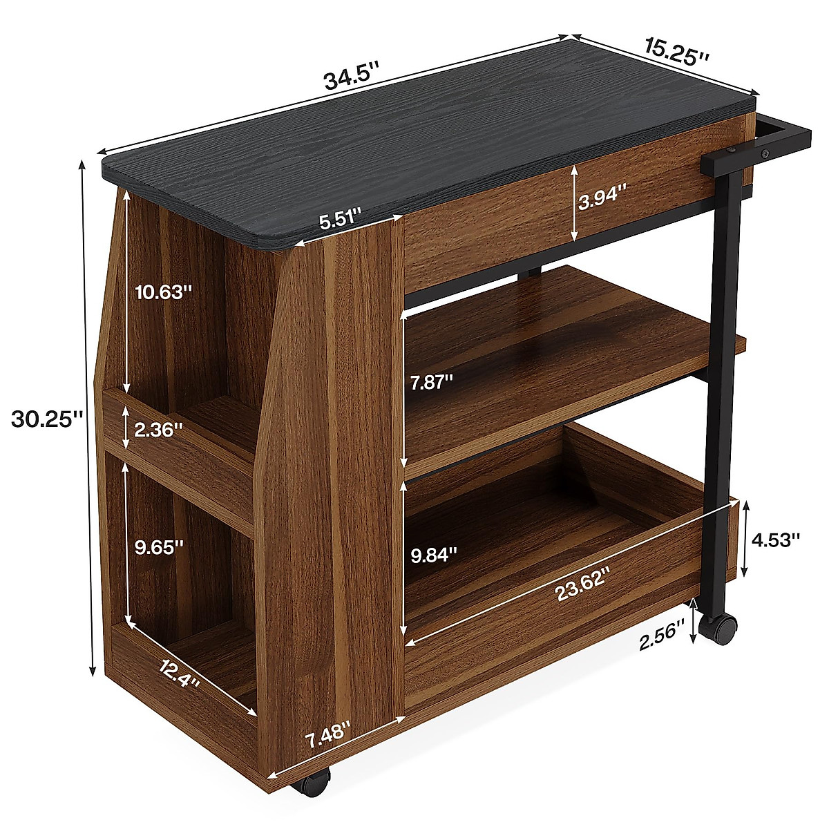Tribesigns Rolling End Table with Rotating Tabletop for Living Room, Narrow Side Tables with 3 Tier Storage Shelves Magazine Drink Holder, Large Utility Cart for Bedroom Small Space Home, Black Brown