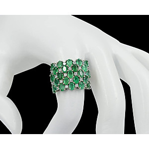 Natural Green Zambian Emerald 4X3 MM Oval Cut 925 Sterling Silver May Birthstone Cluster Unisex Proposal Ring For Engagement Gift (Rhodium Plated Silver, 6.5)