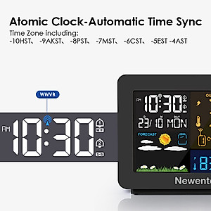 Newentor Atomic Projection Alarm Clock with Weather Station for Bedrooms, Projector Clocks with WWVB Function, Indoor Outdoor Thermometer Wireless, Temperature Humidity Monitor and Weather Forecast