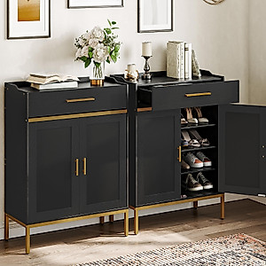 HOOBRO Shoe Storage Cabinet, Narrow Shoe Cabinet, Shoe Cabinet Storage for Entryway, Freestanding Shoe Organizer Cabinet, Shoe Rack Cabinet with Adjustable Shelves, Gold and Black DB14SC01