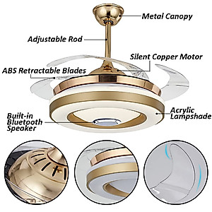 Angry Pryo 42Inch Bluetooth Ceiling Fan with Light and Speaker Music, 7 Color Dimmable LED Retractable Blades with Remote Ceiling Lighting Chandelier for Livingroom Restaurant Hall