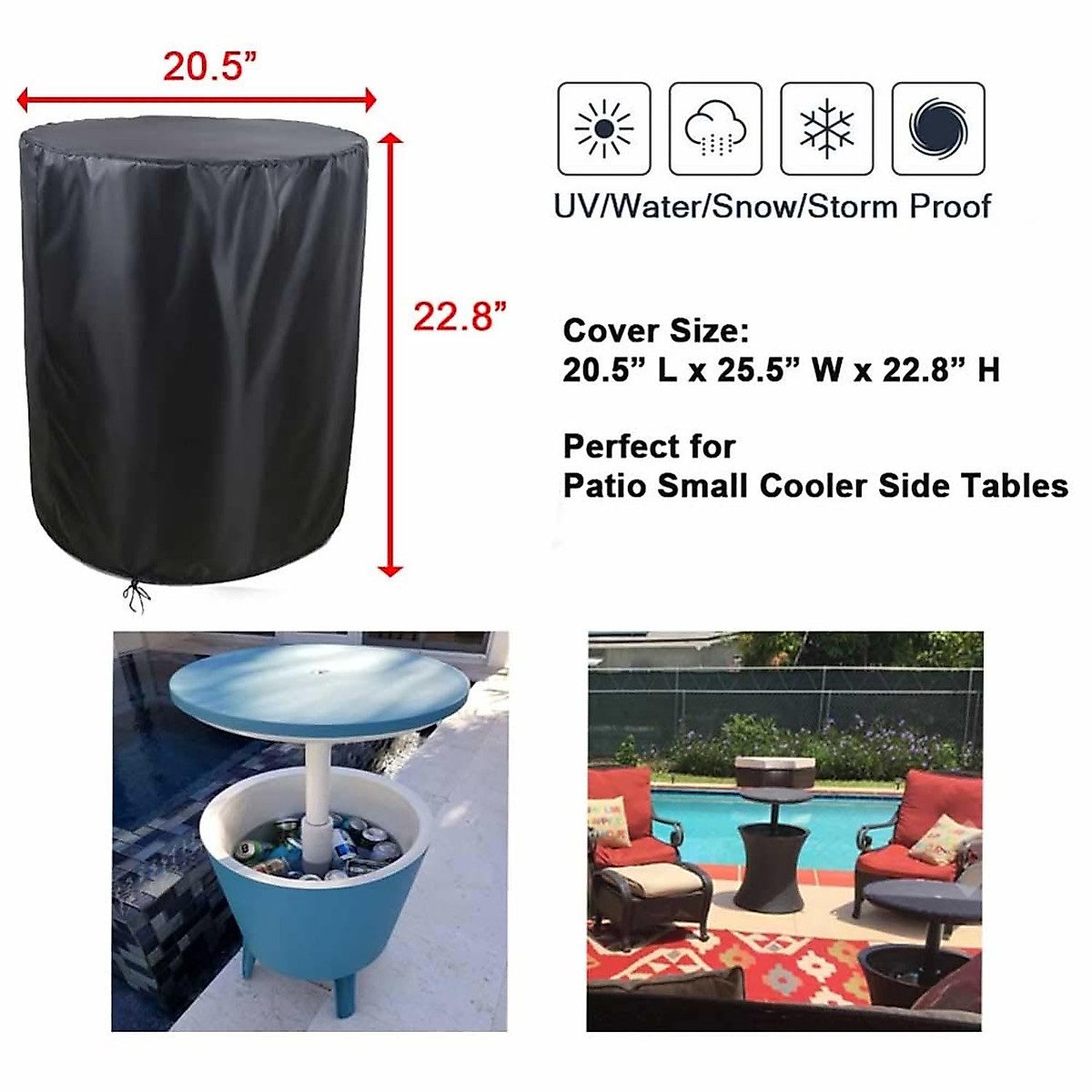 Saking Outdoor Cooler Table cover for Keter 7.5 Gallon Cool Bar Table, Waterproof Outdoor Barrel Cool Bar Table Cover, Round Pool Side End Table Cover with Drawstring, 21" D x 23" H, Black