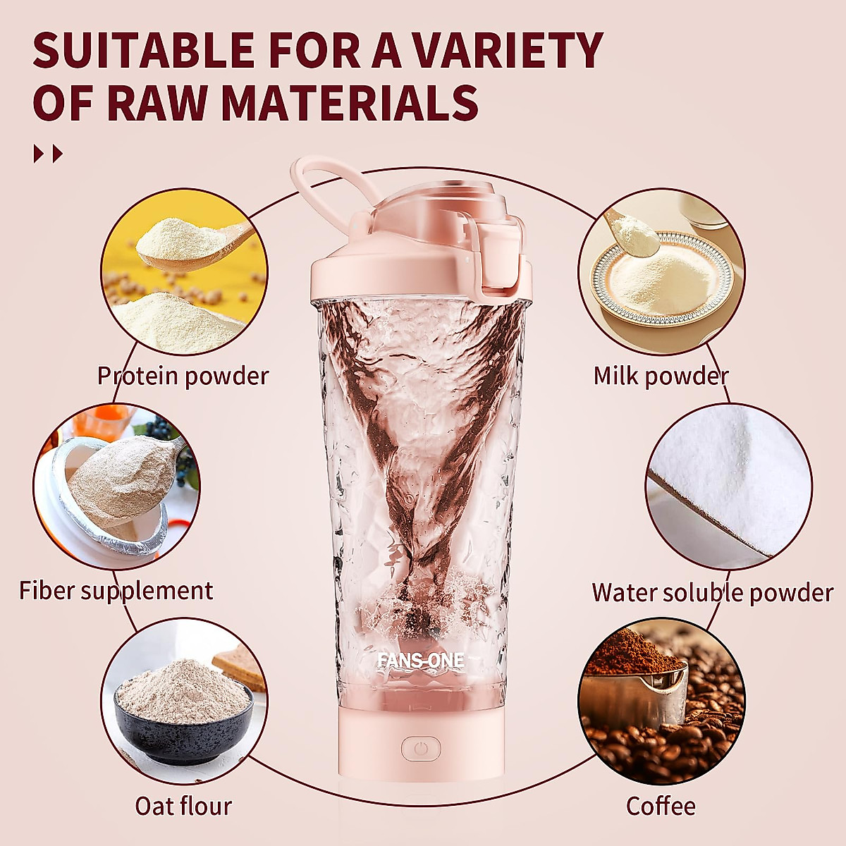 FANS-ONE Electric Protein Shaker Bottle, 24oz Lockable Electric Blender Cup, Tritan USB Rechargeable Protein Shake Mixer, Blender Shaker Cups for Protein Shakes, Pink