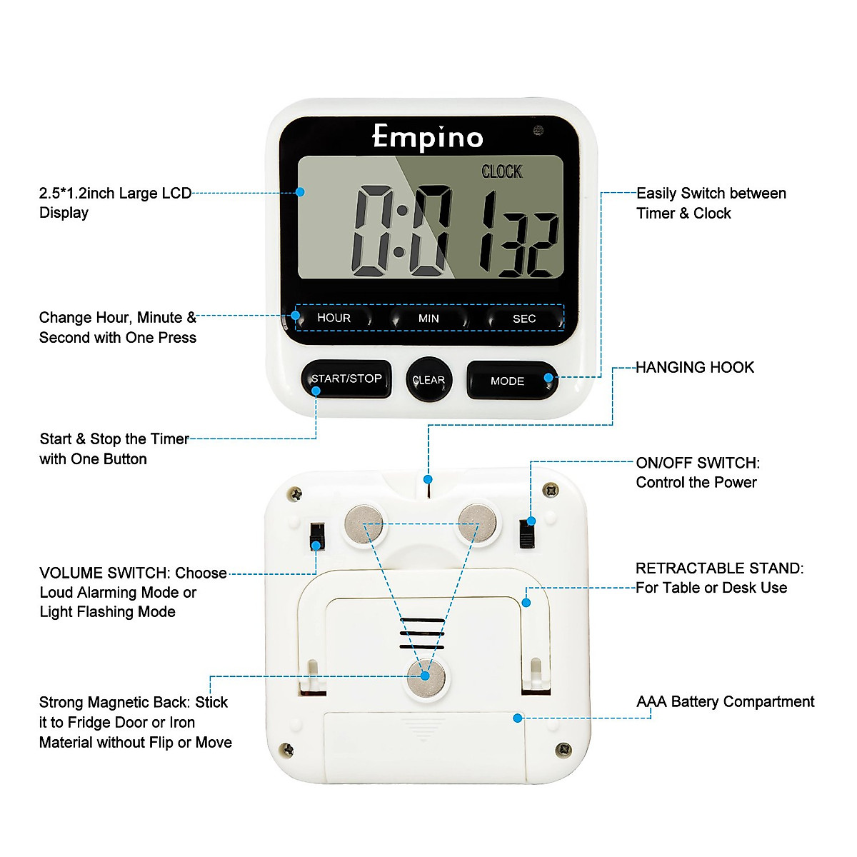 Digital Kitchen Timer - Empino Upgraded 24-Hours Cooking Timer Clock Countdown Multifunction with Big Digits, Loud Alarm, Magnetic Backing Stand, and Memory for Cooking Baking Exercise, White