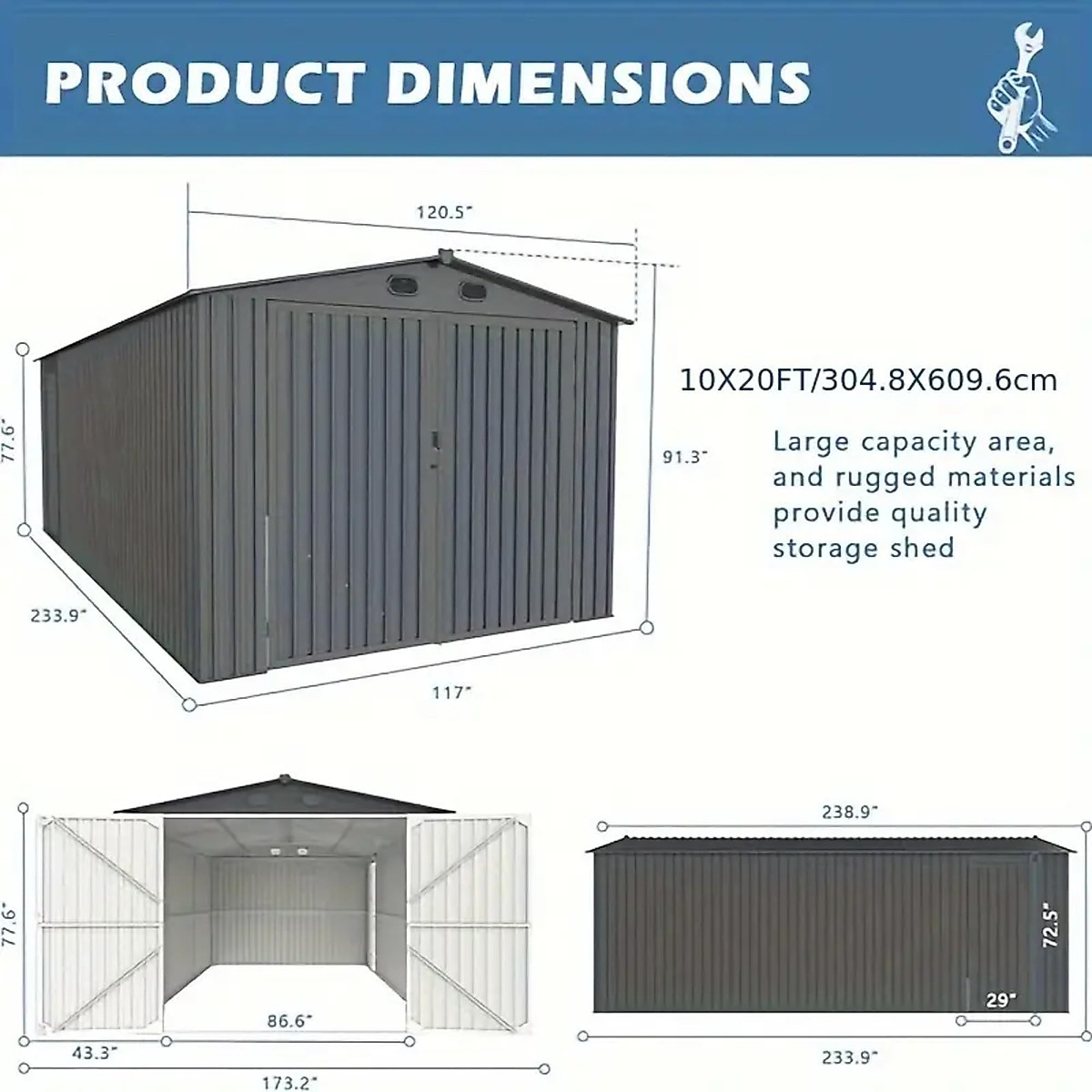 20 x 10 FT Outdoor Storage Shed, Large Metal Garden Shed with 2 Lockable Doors, Tool Shed Outdoor Storage with 4 Air Vents, Garage Shed Waterproof for Car, Truck, Bike, Garbage Can, Tool, Dark Gray