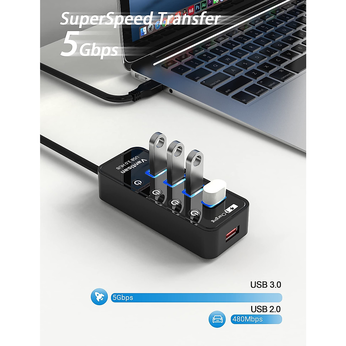 vantisan Powered USB 3.0 Hub, USB Extension 4-Port USB Hub Splitter (4 USB 3.0 Data Ports+1 Smart Charging Port) with 5V/3A Powered Adapter and Individual ON/Off Switches