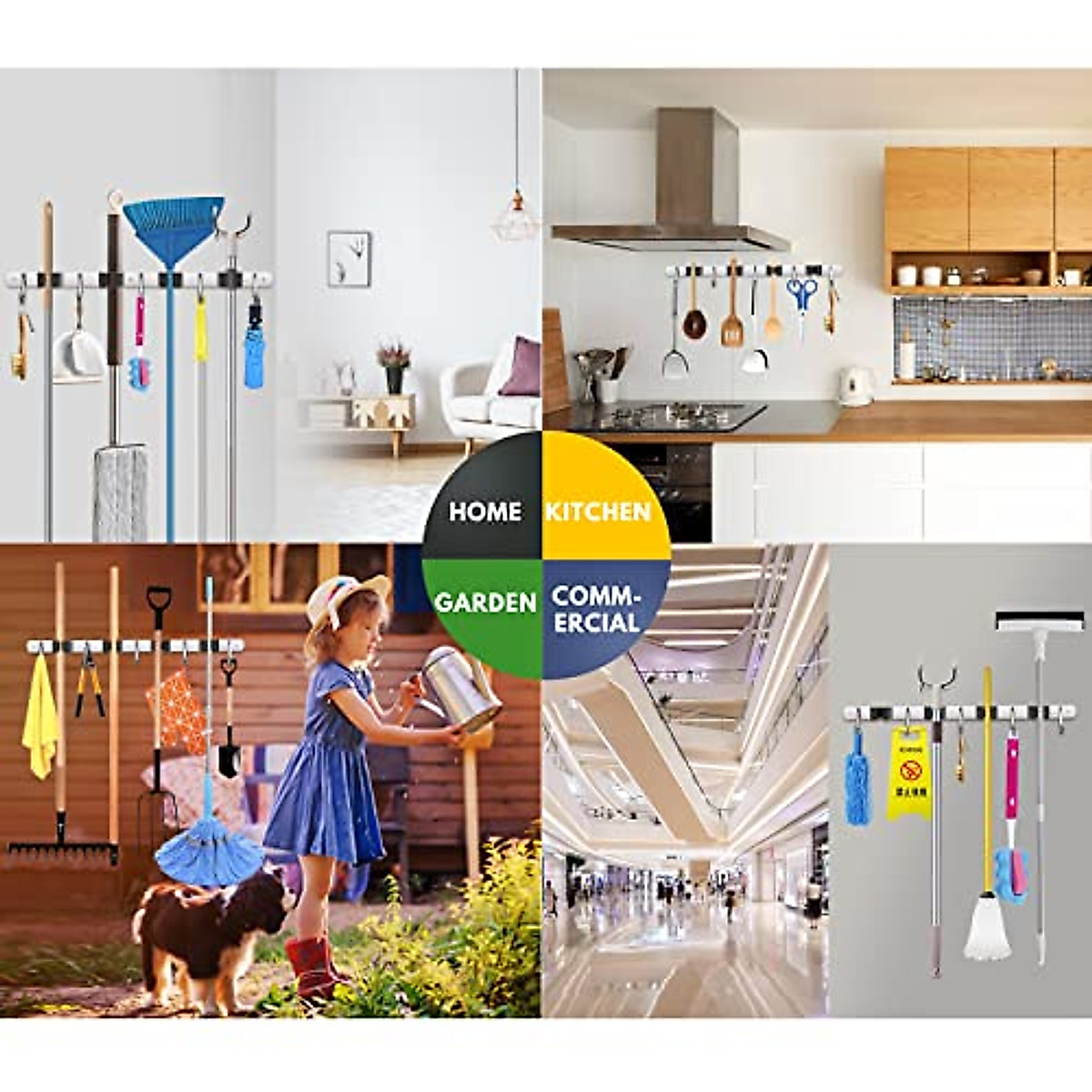 Laufary Broom Holder Wall Mount 4 R 5 H,Stainless Steel Mop Holder Wall Mount,Easy to Install Broom Storage Rack, for Home, Kitchen, Garden, Garage Organizing