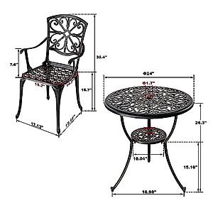 Nuu Garden 3 Piece Outdoor Bistro Table Set, All Weather Cast Aluminum Patio Bistro Sets Patio Table and Chairs Set of 2 with Umbrella Hole for Yard, Balcony, Black
