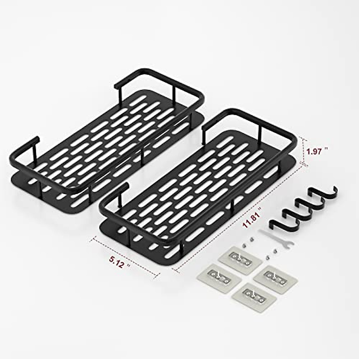 ZGDZ Self-Adhesive Black Shower Shelves with Removable Hooks Bathroom Stick on Shower Caddy Wall Mount Aluminum Shower Organizers Bathroom Trays Toiletries Holders 2-Pack