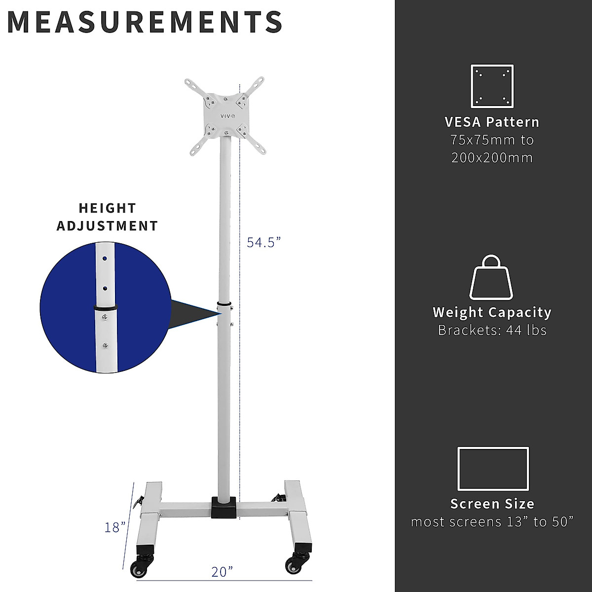 VIVO Mobile TV Cart for 13 to 50 inch Screens up to 44 lbs, LCD LED OLED 4K Smart Flat and Curved Monitor Panels, Rolling Stand, Locking Wheels, Max VESA 200x200, White, STAND-TV07W-W