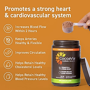 CocoaVia Cardio Health Cocoa Powder, 30 Servings, 500mg Cocoa Flavanols, Support Heart Health, Boost Nitric Oxide, Improve Circulation, Energy, Preworkout, Vegan, Dark Chocolate Cacao