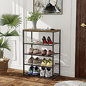 C&AHOME 5 Tier Metal Shoe Rack, 5 Tiers Shoe Rack, Storage Rack with 4 Metal Mesh Shelves and Top Board, Narrow Shoe Organizer for Closet Entryway, Free Standing Shoe Rack, Rustic Brown USRMW05RB