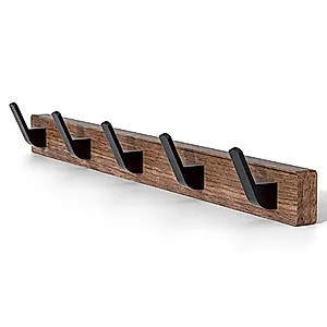 IURRDOP Black Walnut Wood Wall Mount Coat Rack with 5 Hooks,  Adhesive Mounted Rustic Decorative Entryway Hooks, Mid Century Modern Natural Wooden Pegs for Hanging Coat Clothes Hat Bag Purse and Towel